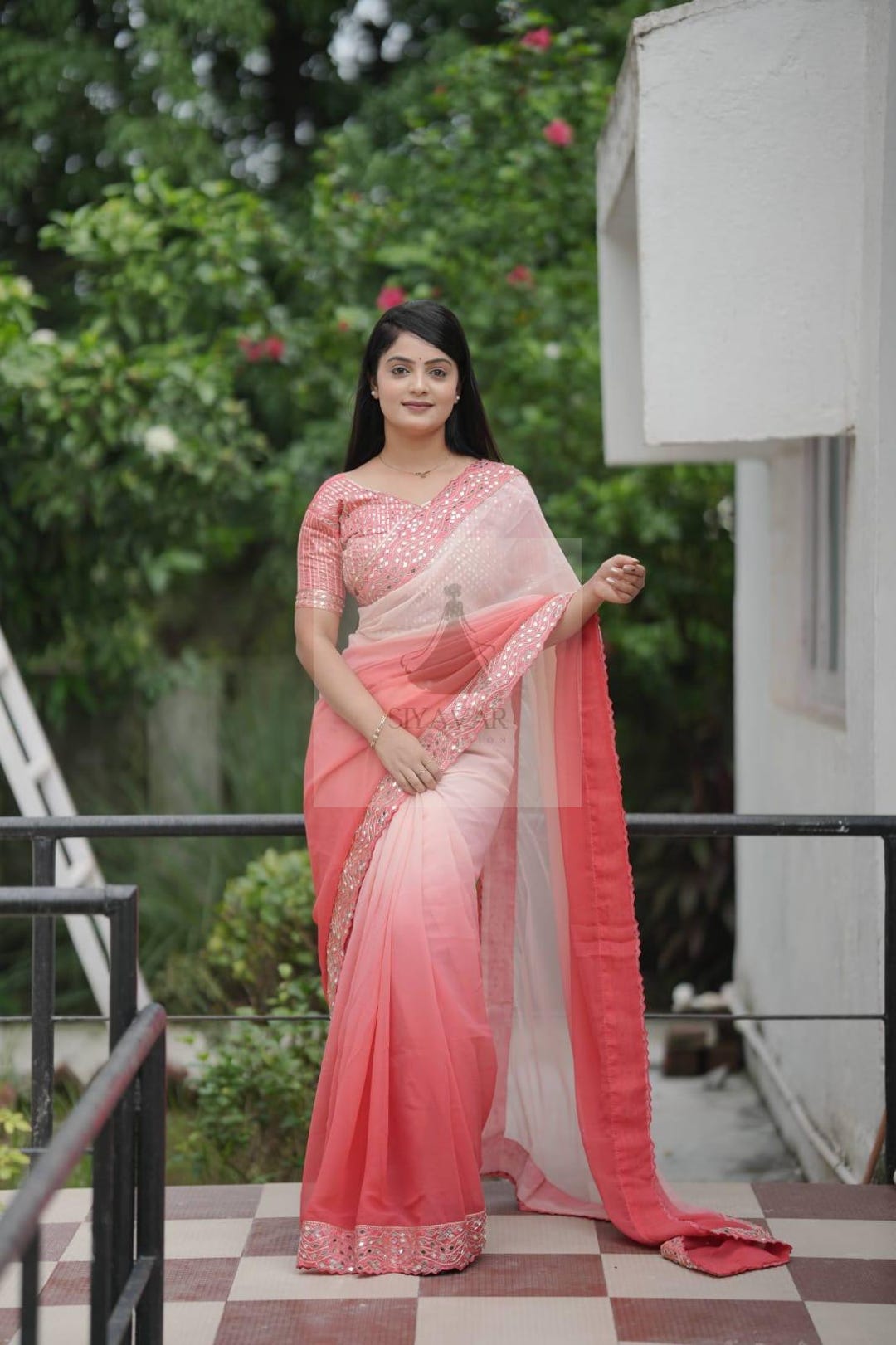 Peach Color Saree, Embroidered Lace & Mirror Work, Faux Georgette ...