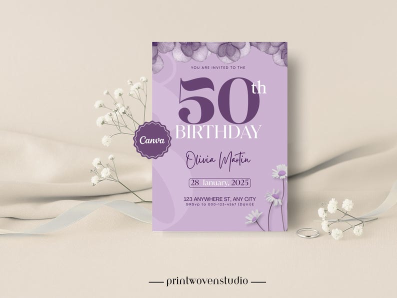 50th Birthday Invite | Black Invitation | Editable Canva Template ...