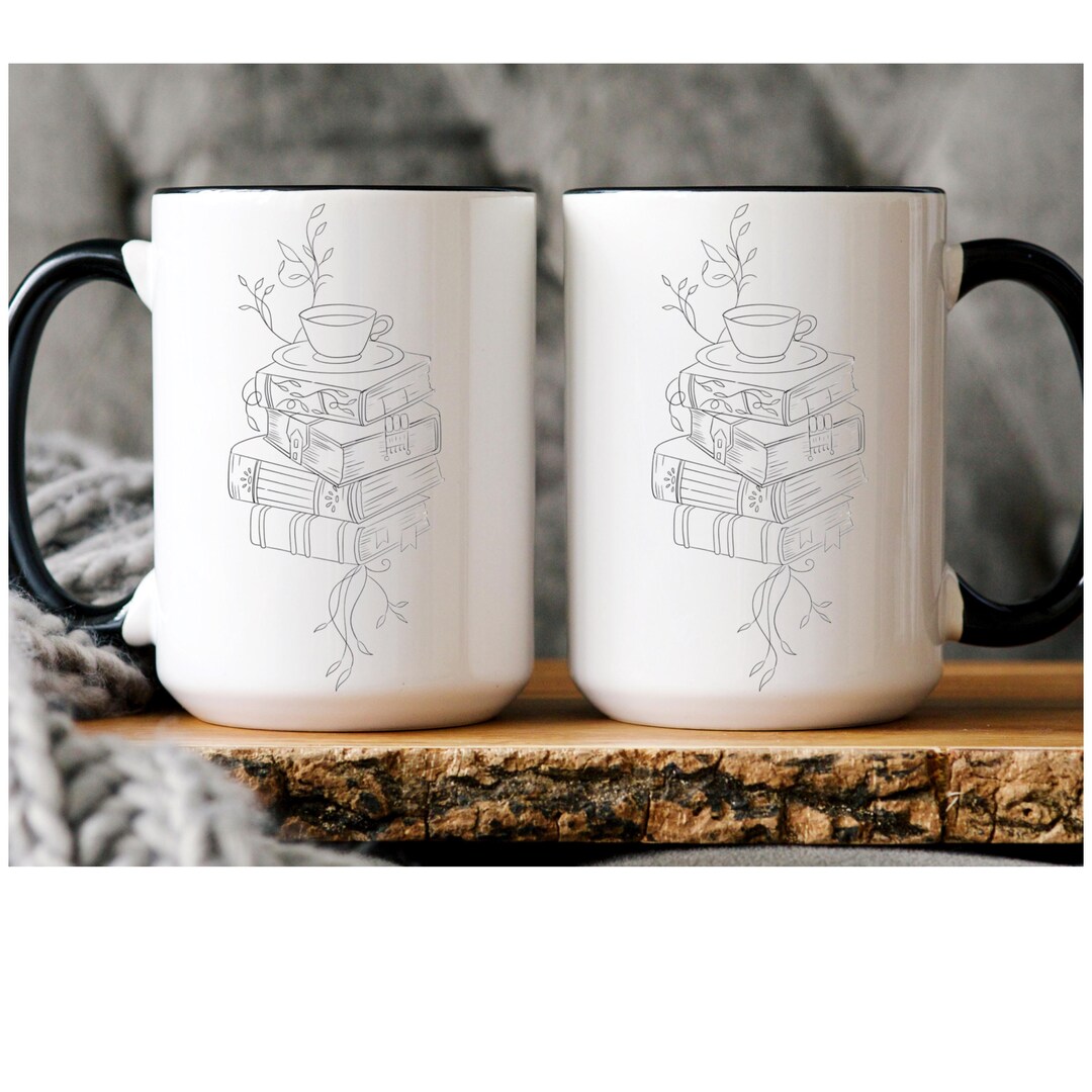 Custom Book Stack Coffee Mug, Stacked Books With Tea Cup Design, Book ...