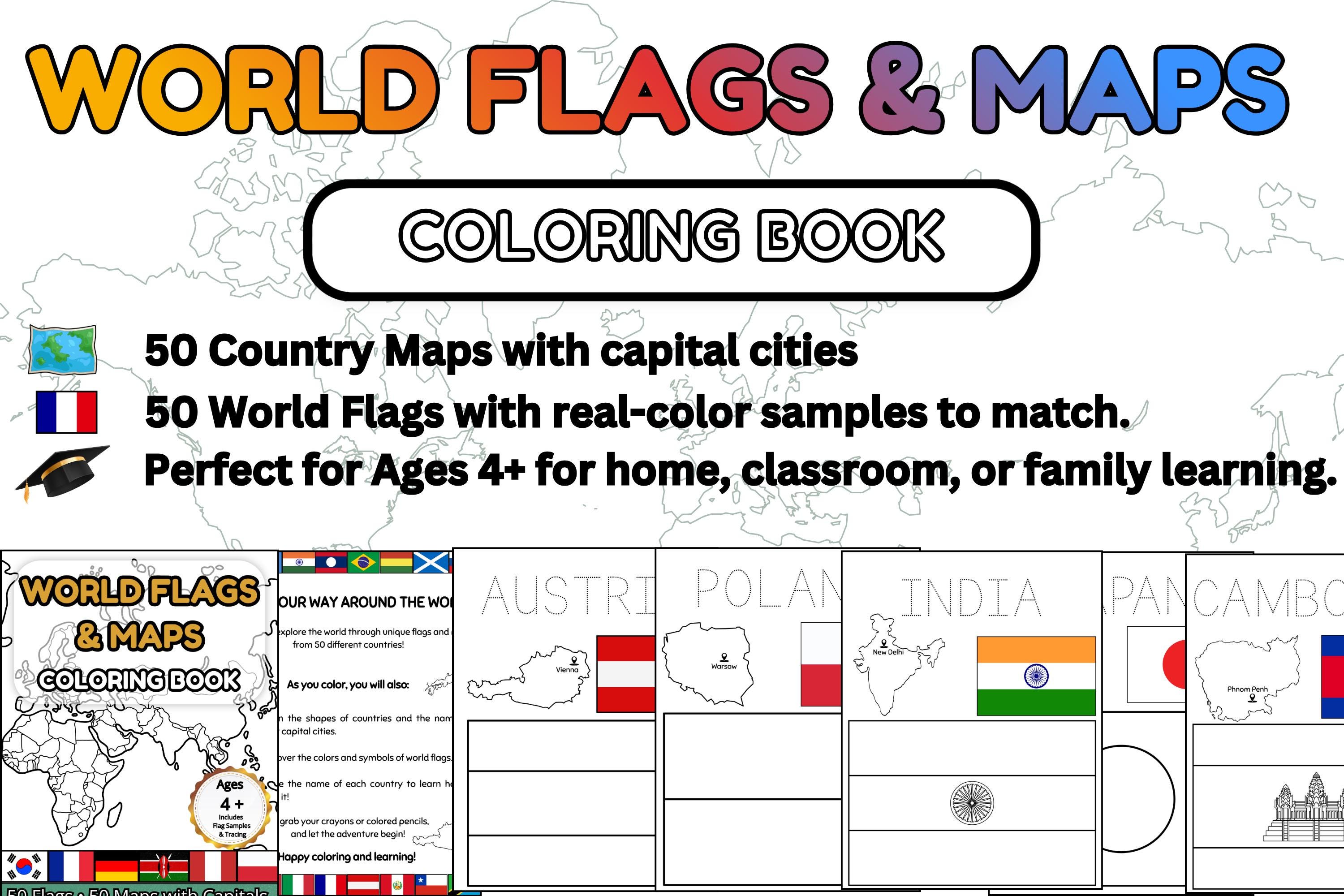 World Flags and Maps Coloring Book | 50 Countries, Capitals, Geography ...
