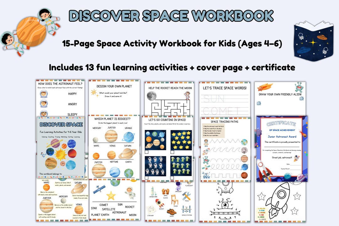 Space Workbook for Preschool & Kindergarten – 15 Activity Pages (PDF ...