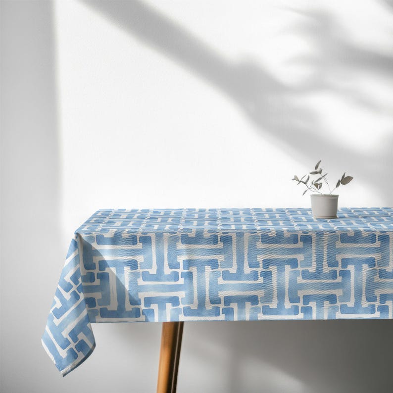 Blue Greek Key Tablecloth – Coastal Mediterranean Table Linen – Modern ...