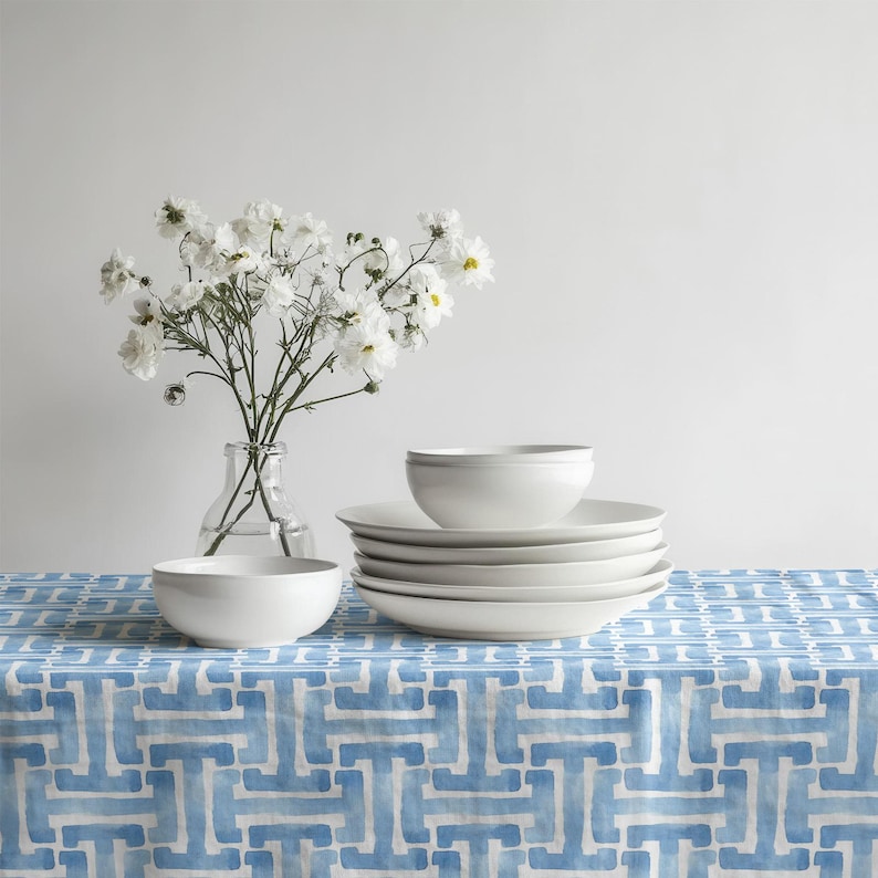 Blue Greek Key Tablecloth – Coastal Mediterranean Table Linen – Modern ...