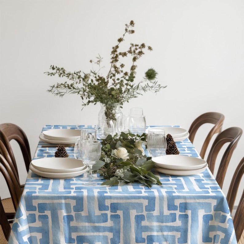 Blue Greek Key Tablecloth – Coastal Mediterranean Table Linen – Modern ...