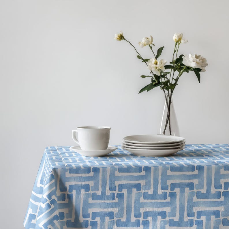 Blue Greek Key Tablecloth – Coastal Mediterranean Table Linen – Modern ...