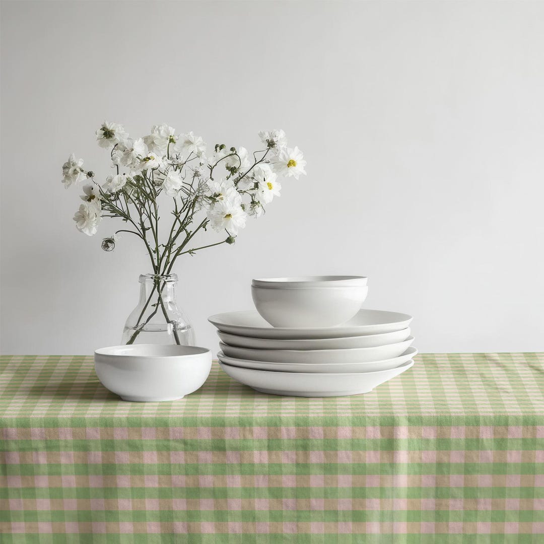 Green & Pink Gingham Tablecloth – Cottagecore Dining Decor - Etsy