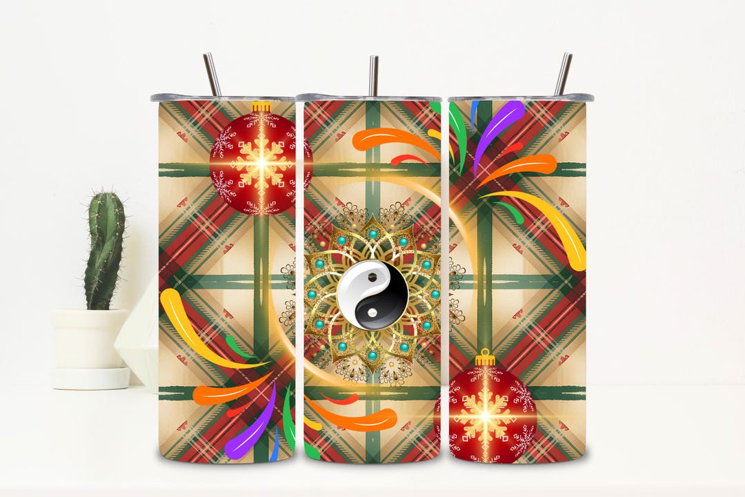 Yin Yang Christmas Tumbler Wrap | Mandala Plaid Ornament (digital ...