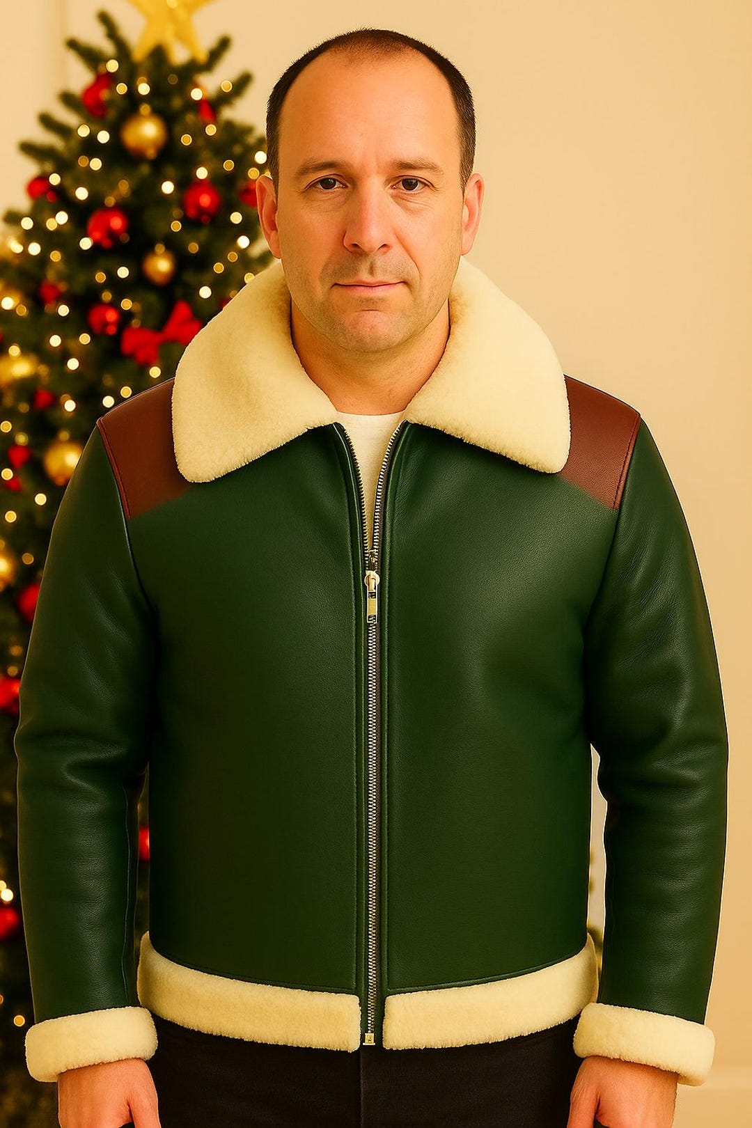 Handcrafted Olive Green Shearling Leather Jacket – Vintage Christmas ...