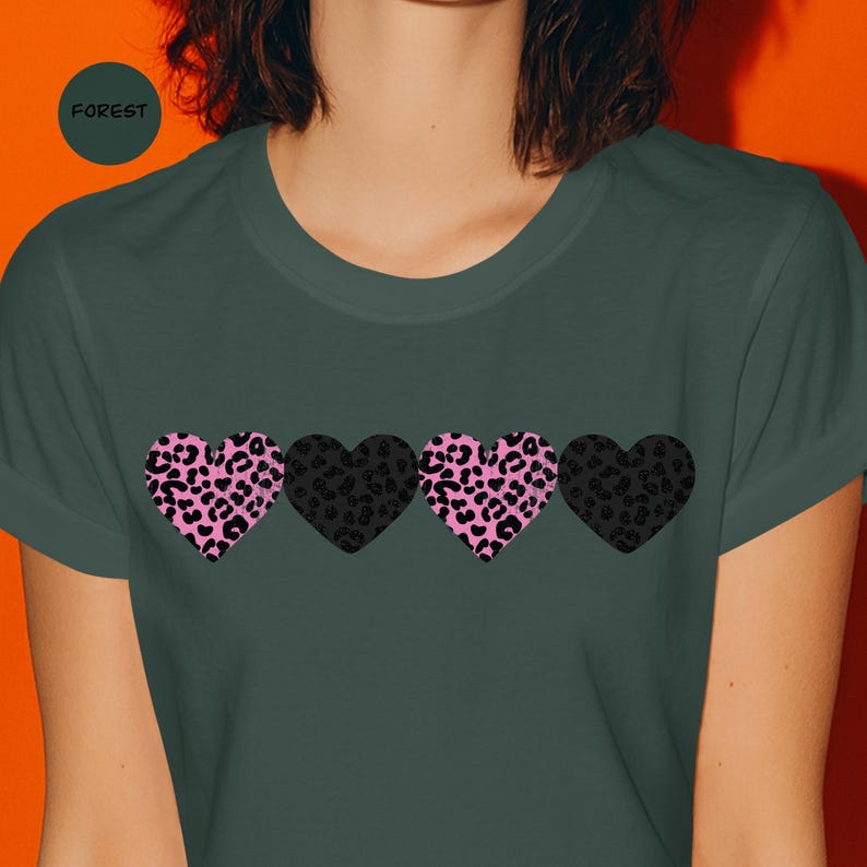 Matte Black Pink Cheetah Print Leopard Pattern Trendy Dual Hearts Tee ...