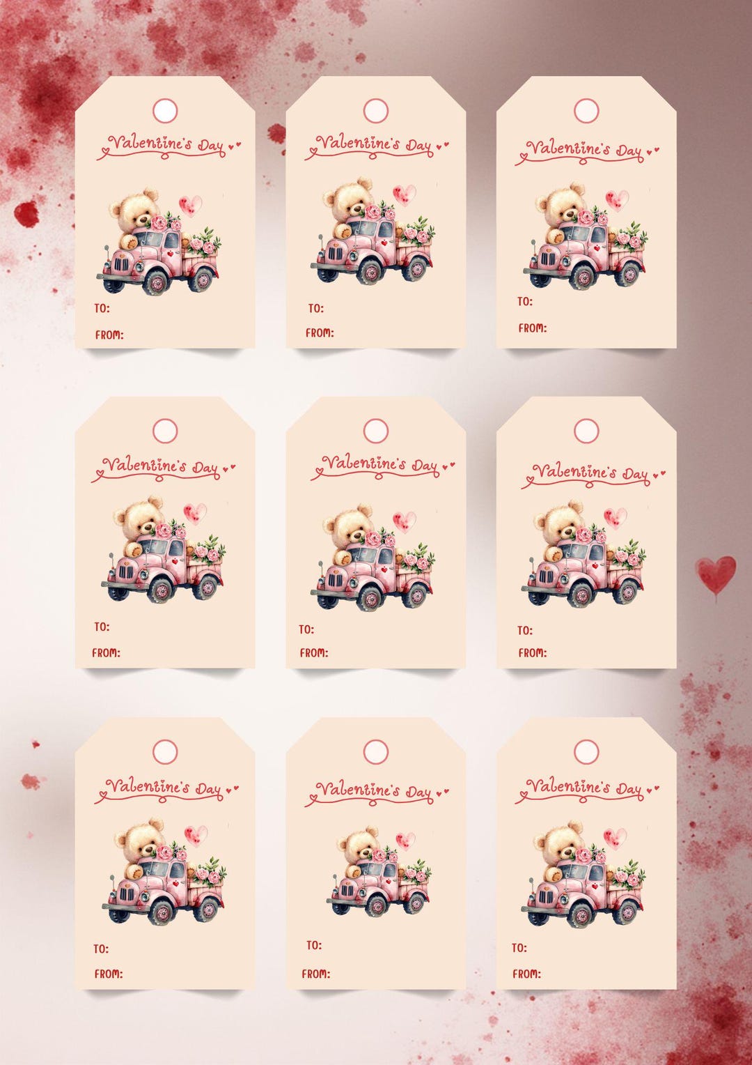 Valentine's Day Gift Tags Printable | Bear Truck Tags | Pink Vintage ...