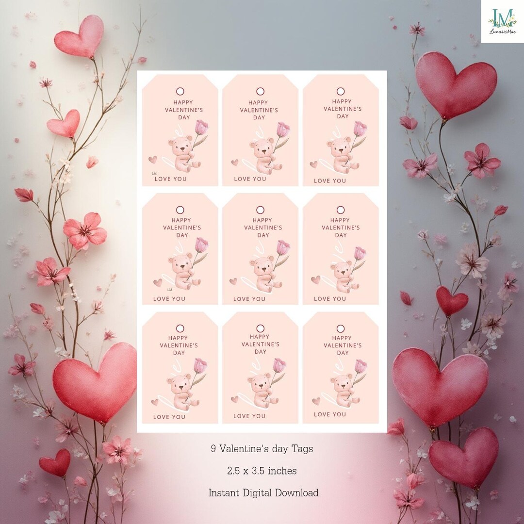 Valentint's Day Tags Printable | Bear With Flower | Pink Valentine ...