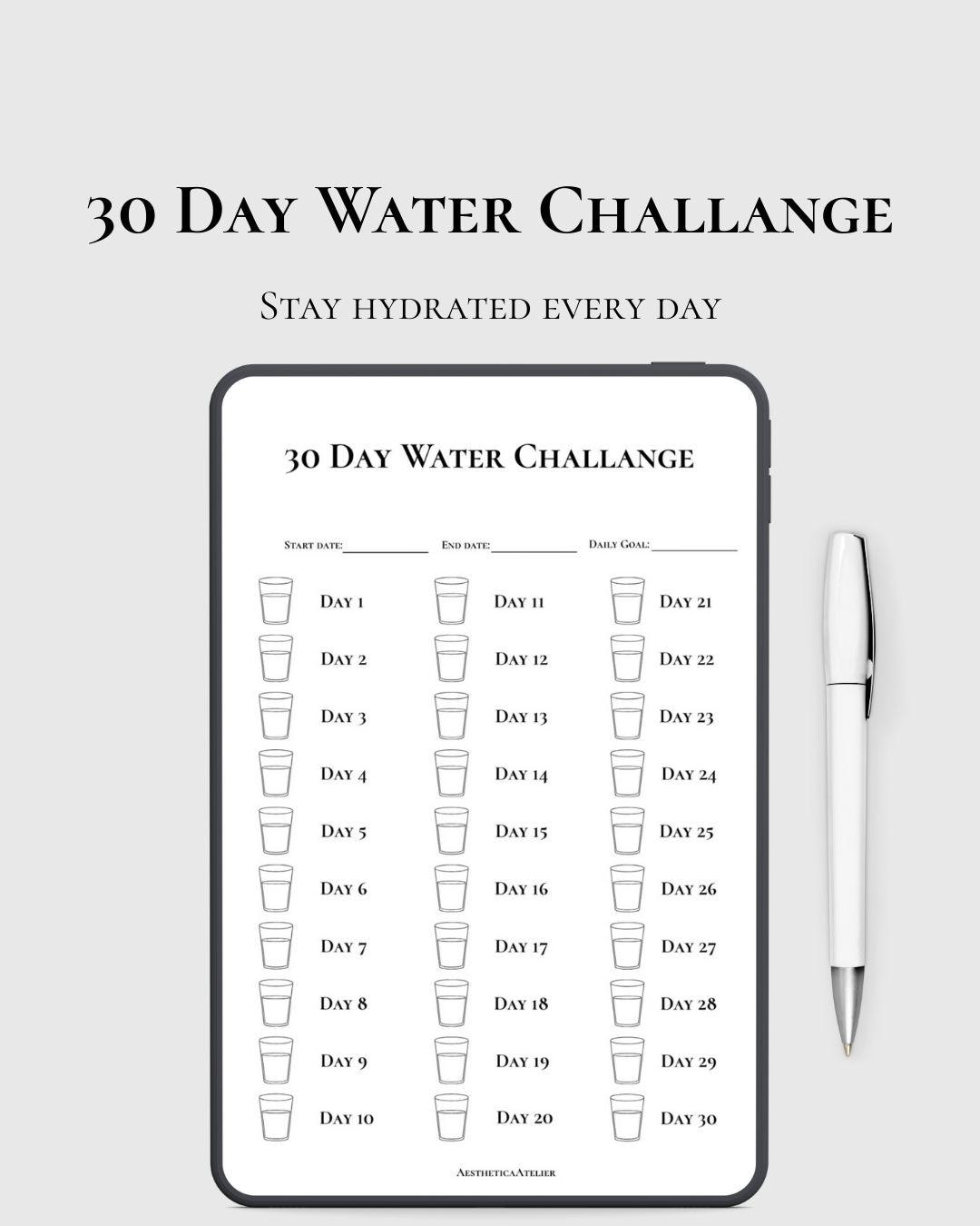 30 Day Water Challenge Printable, Hydration Tracker (A4 & US Letter PDF ...
