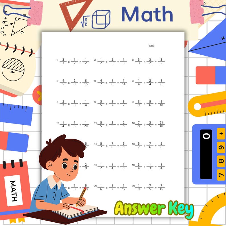 Fraction, Multiplication Drills Worksheet W/ Answer Key, Single Digit ...