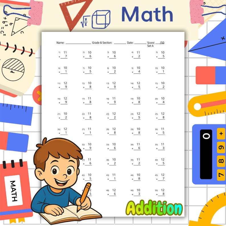 Addition Drills Worksheet W/ Answer Key, Single & Double Digit, Numbers ...