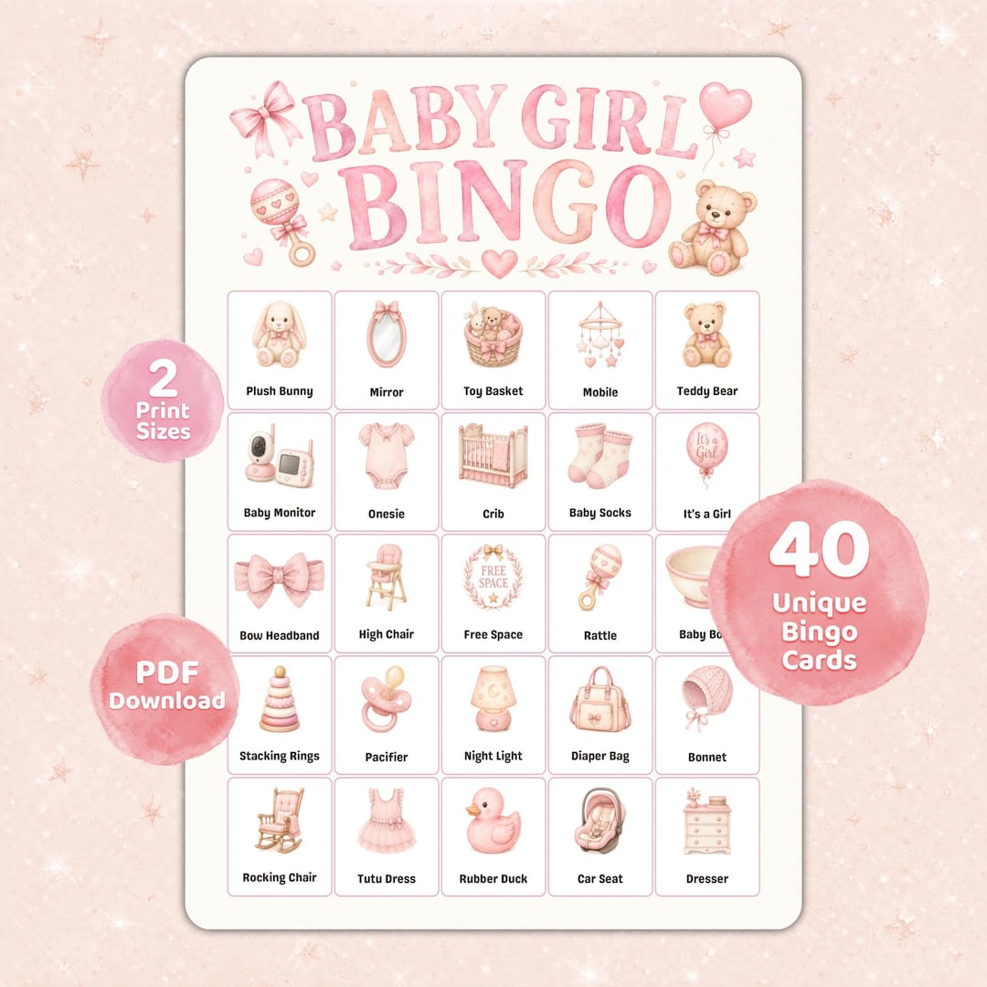 Baby Shower Bingo Game for Girl — 40 Printable Cards | Instant Download ...