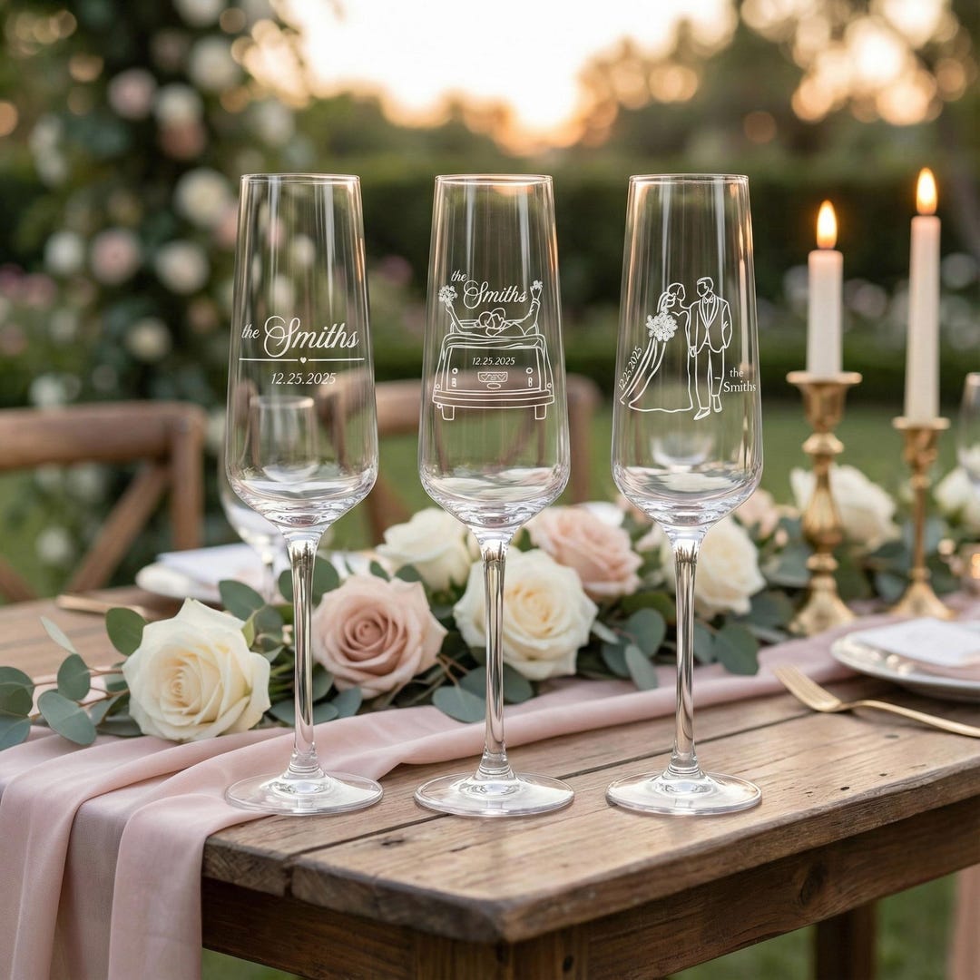 Personalized Etched Champagne Flutes – Custom Wedding Toasting Glasses ...