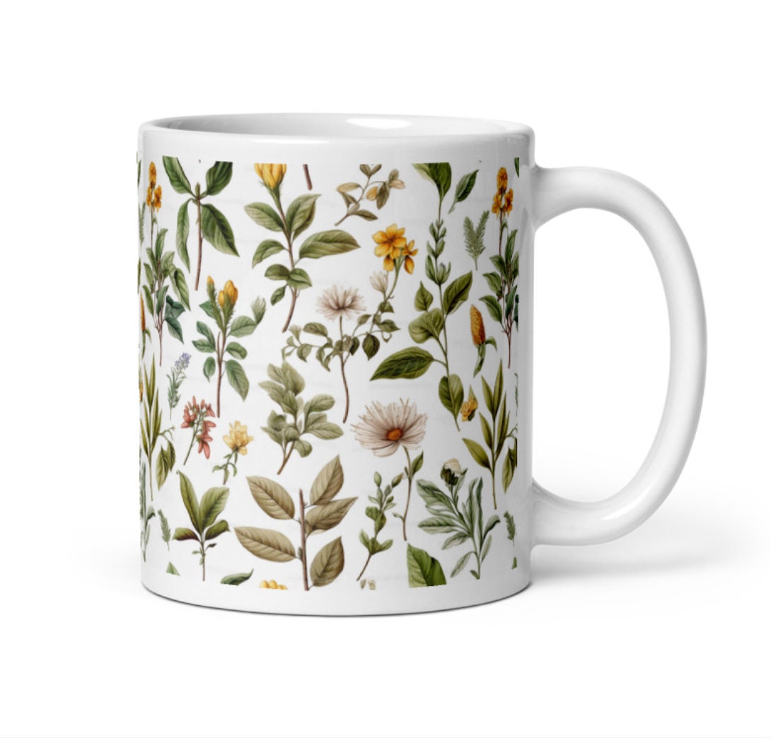 Botanical Floral Mug, Boho Flowers Cottagecore Coffee Mug, Vintage ...