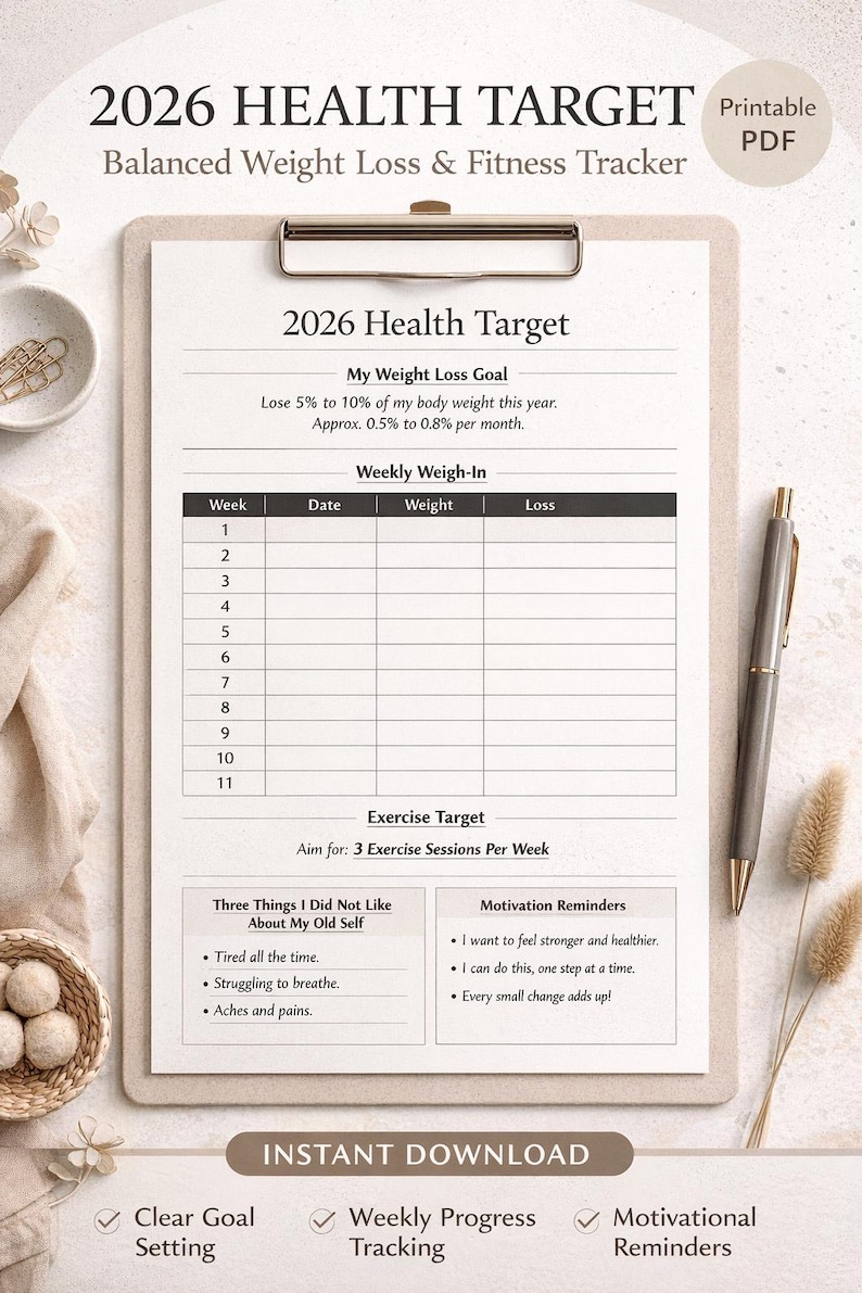 2026 Weight Loss Planner Printable | Health Goal Tracker | Weekly Weigh ...