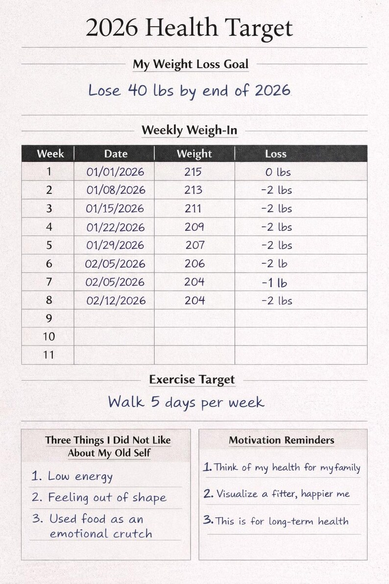 2026 Weight Loss Planner Printable | Health Goal Tracker | Weekly Weigh ...