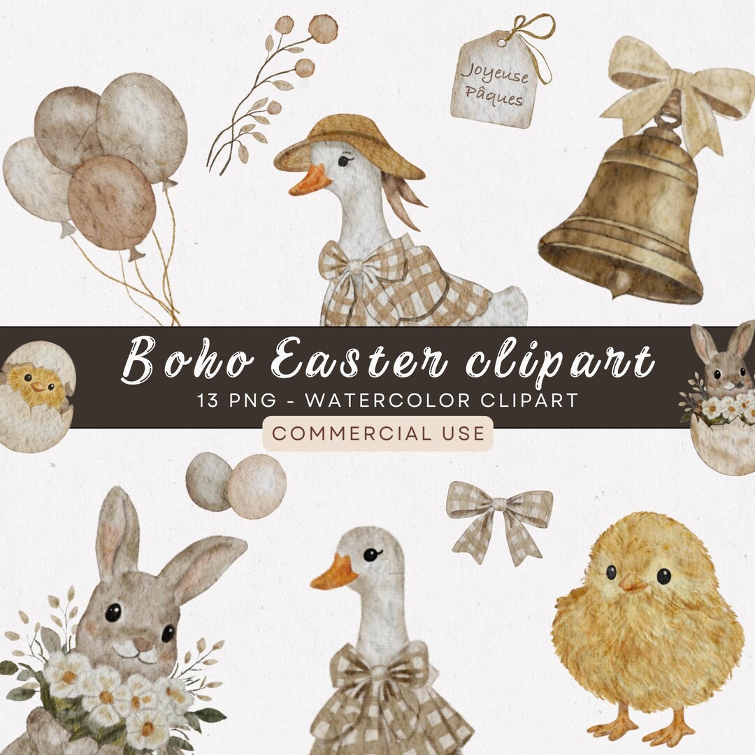 Boho Watercolor Easter Clipart Set, PNG Transparent Background, Rabbit ...