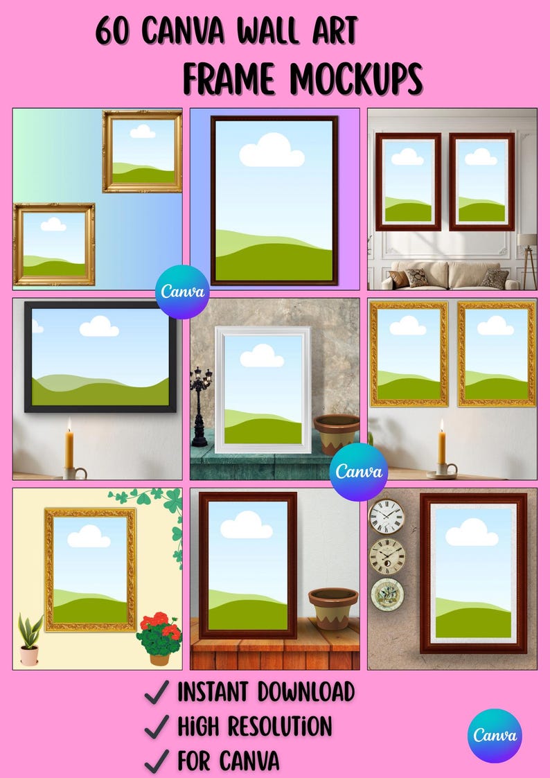 60 Canva Frame Mockup Bundle, Boho Minimalist Art Display (digital ...