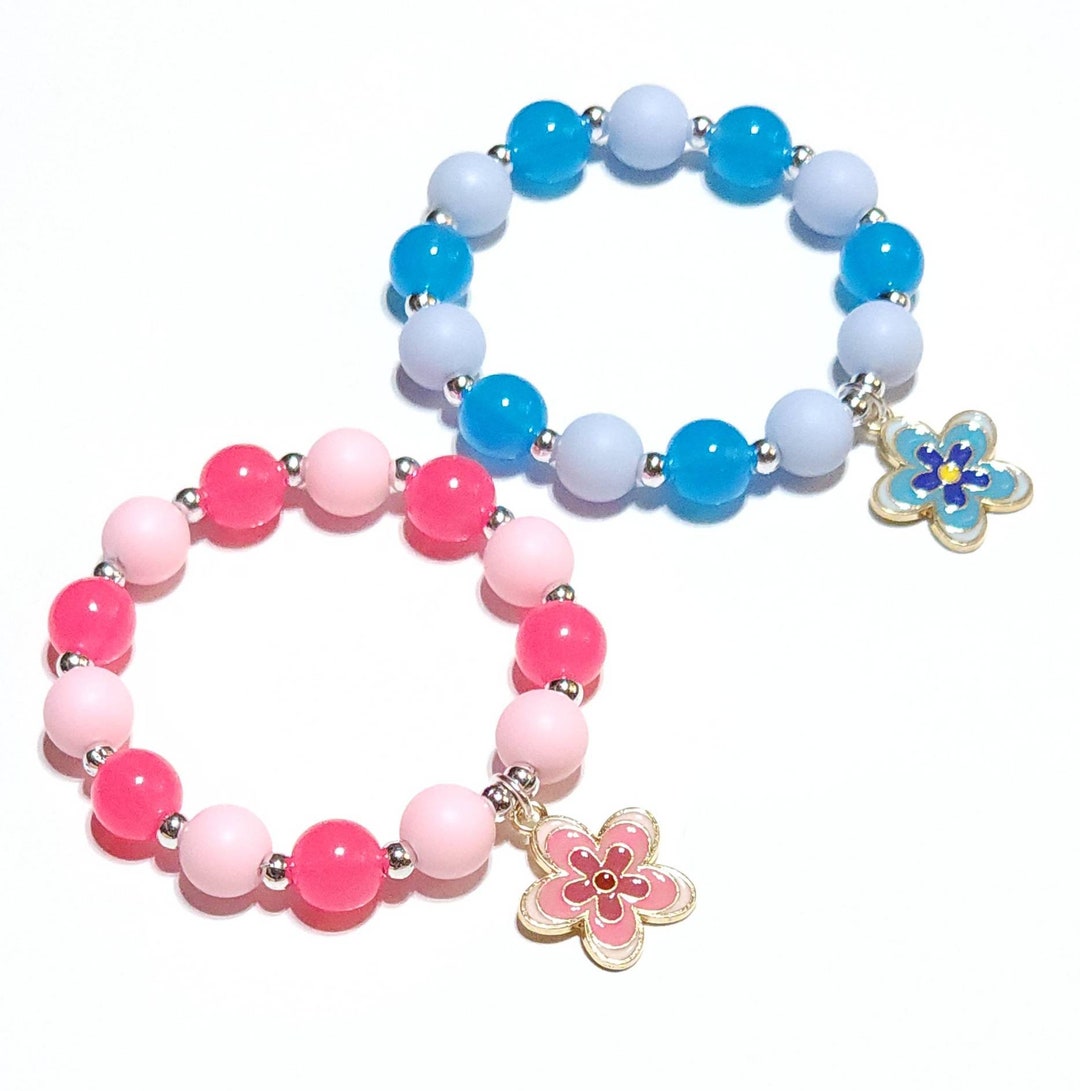 Personalized Blue Pink Flower Beaded Bracelet Gift for Girls Birthday ...
