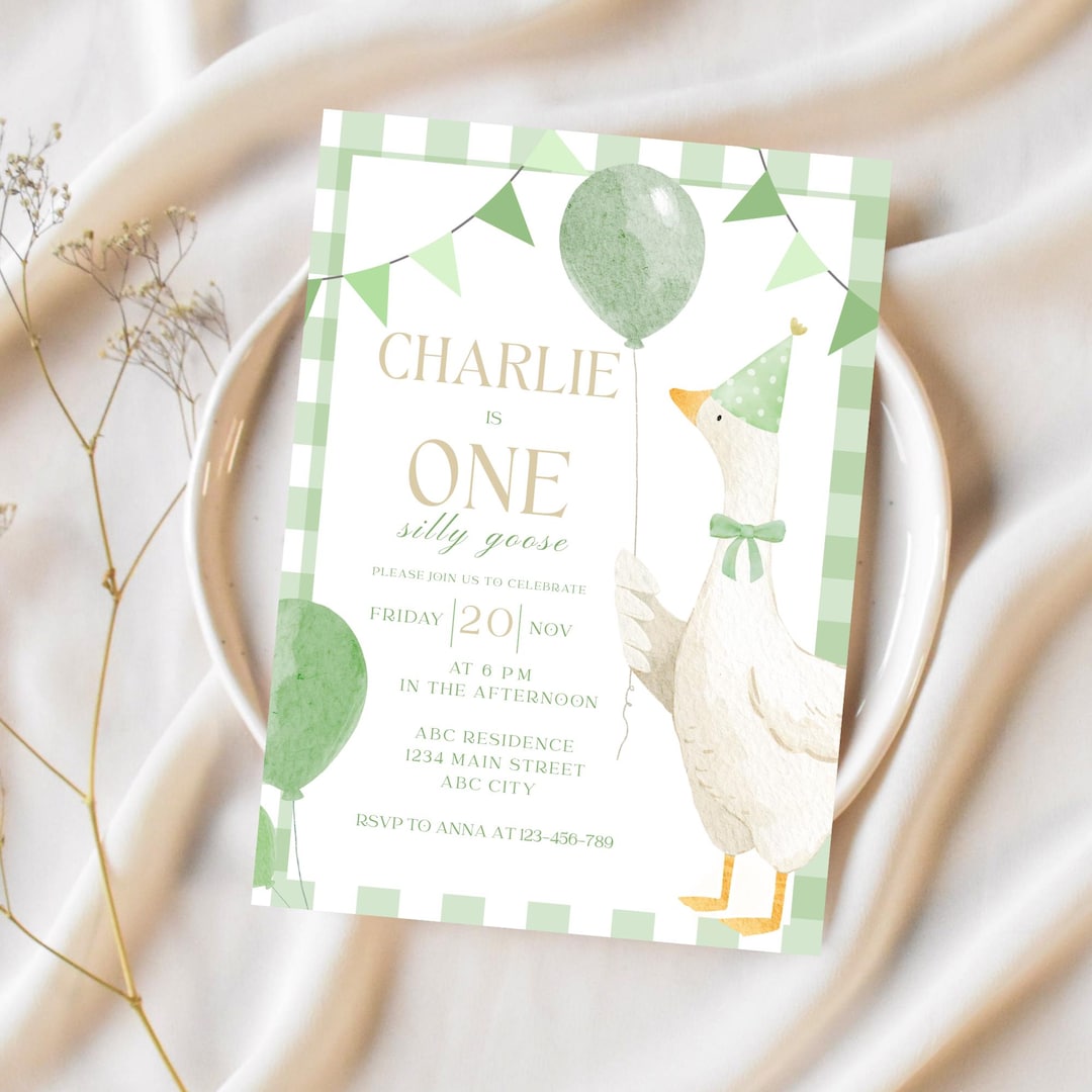 Green Silly Goose Birthday Invitation | One Silly Goose First Birthday ...