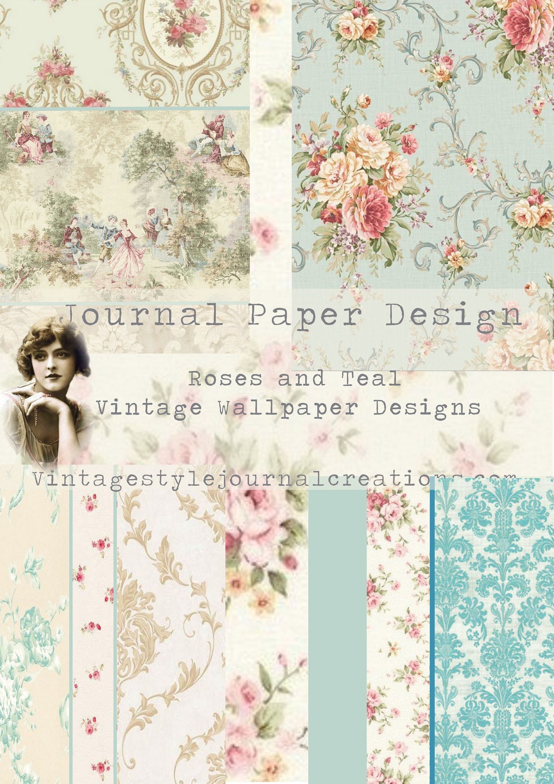 Vintage Style Printable Wallpaper Designs Roses and Teal Designs - Etsy