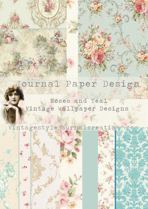 Vintage Style Printable Wallpaper Designs Roses and Teal - Etsy
