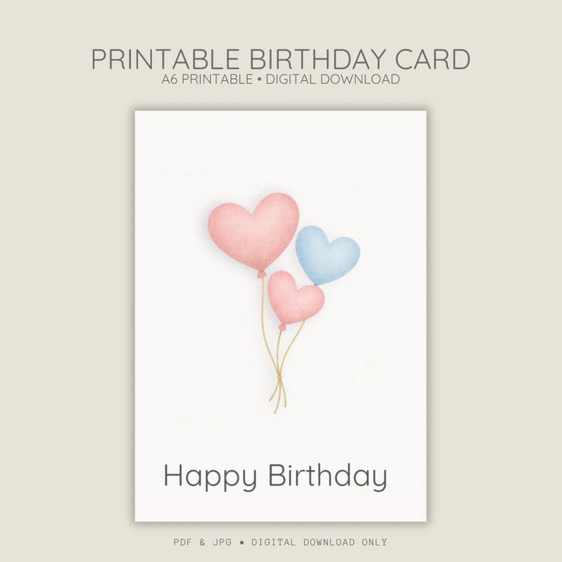 Printable Birthday Card • Heart Balloon Card • A6 Digital Download ...