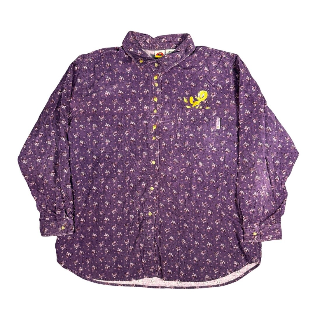 Vintage Looney Tunes Tweety Bird Purple Floral Corduroy Button up Shirt ...