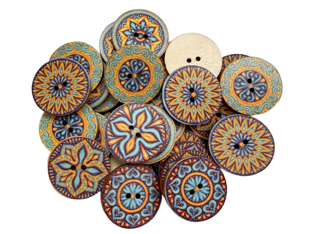 30PC Gray Blue Vintage Flower Vine Round Wood Buttons Sewing Crafts ...