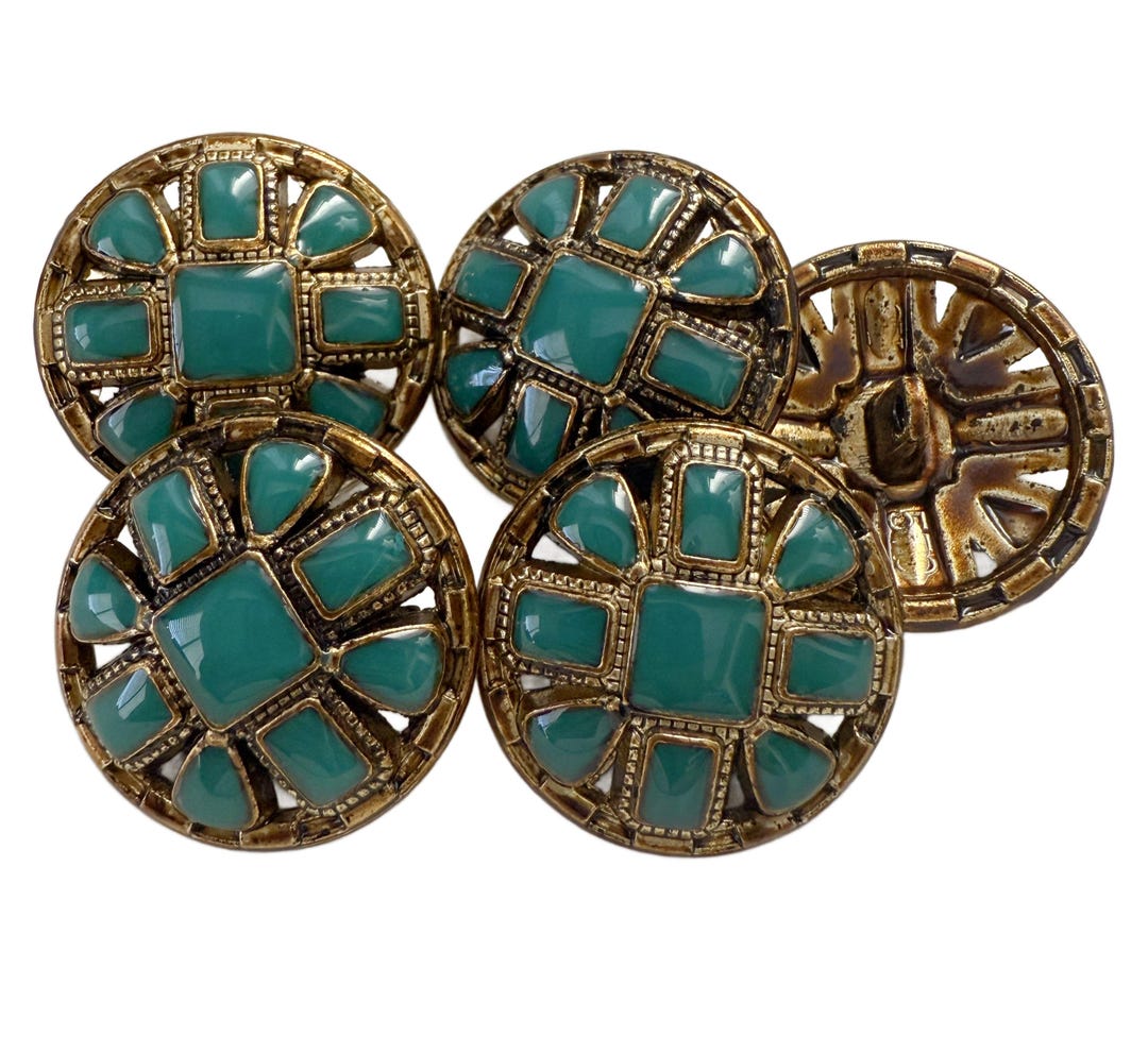 5PC Antiqued Bronze Teal Blue Decorative Shank Metal Button 25mm (1 ...