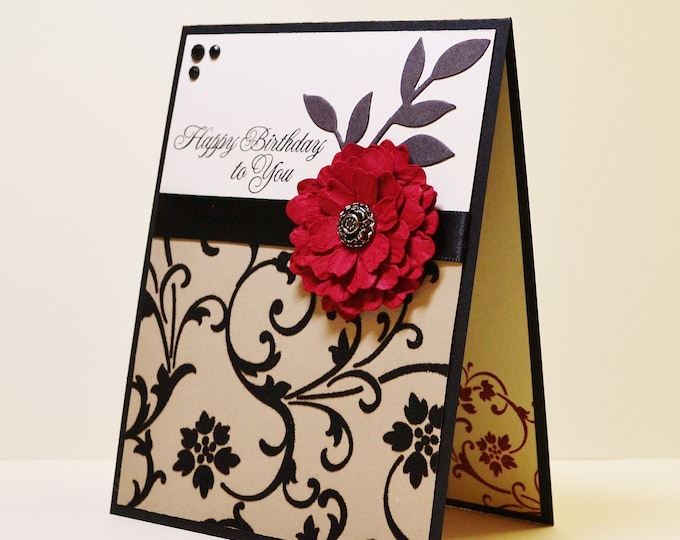 Classic Handmade Birthday Card, Distressed Flower, Red and Black ...