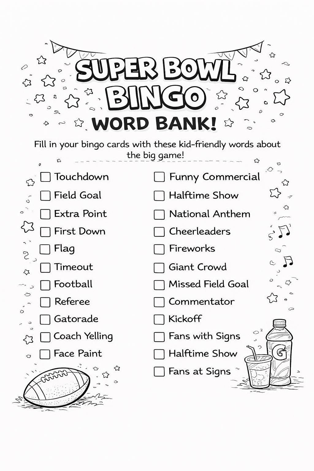 Super Bowl Activities for Kids Printable | Game Day Coloring, Bingo ...