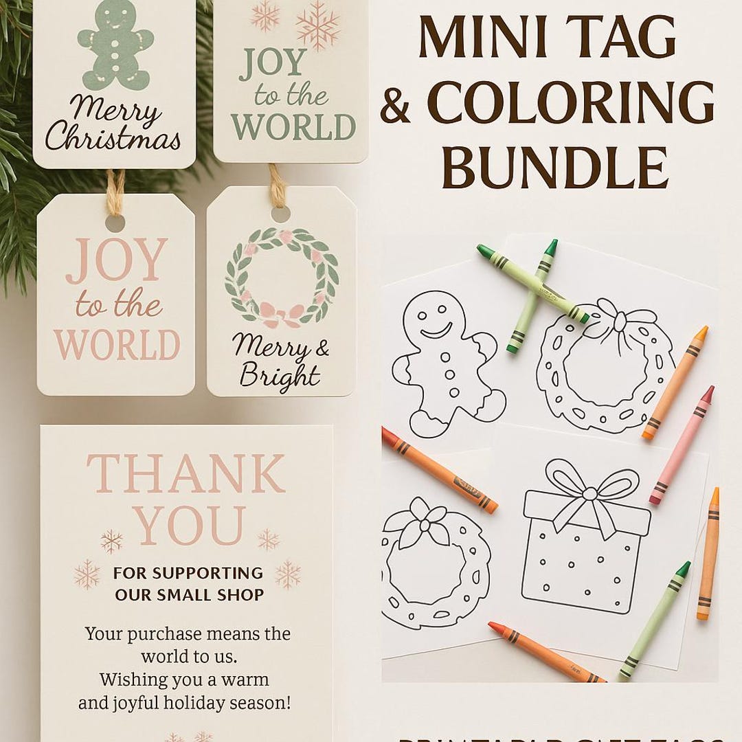 Holiday Mini Gift Tags & Kids Coloring Pages Bundle | Printable ...