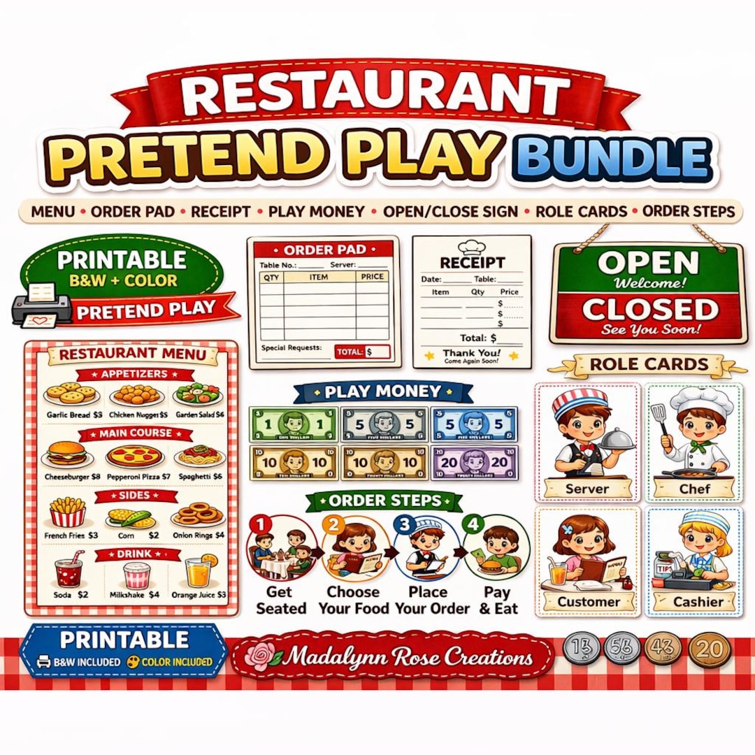 Restaurant Pretend Play Printable | Dramatic Play Set for Kids | Menu ...