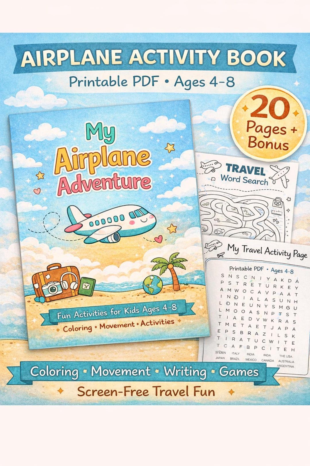 Airplane Activity Book for Kids Ages 4–8 | Travel Printable PDF ...