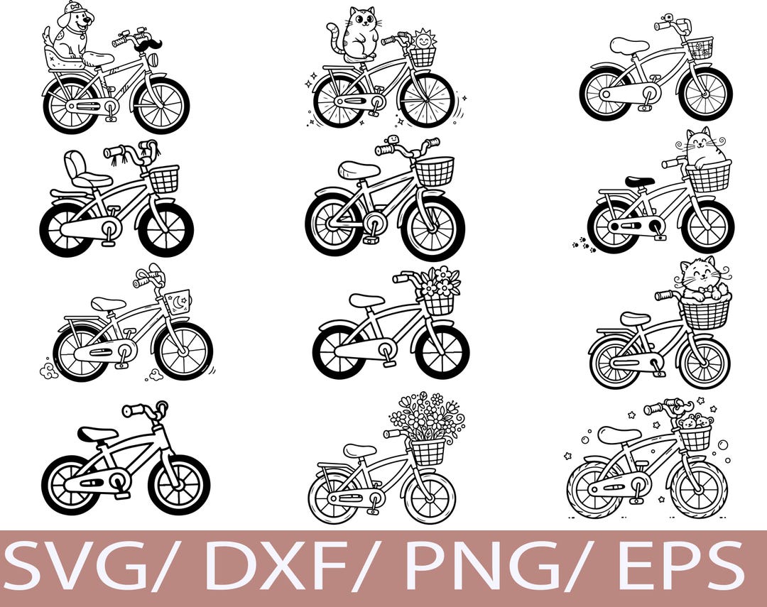 Bicycle SVG Silhouette Cartoon Bikes With Animals Kids Cycling Art Set ...