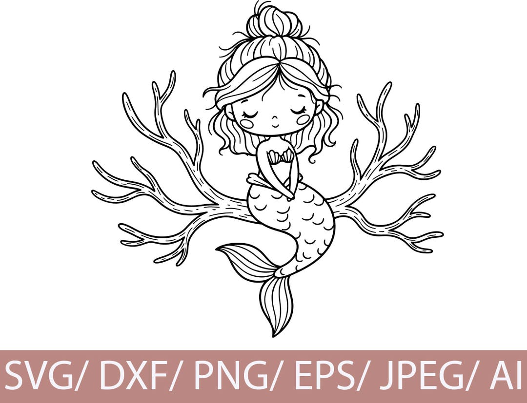Cute Mermaid SVG, Mermaid Silhouette, Kawaii Mermaid Line Art Cut File ...