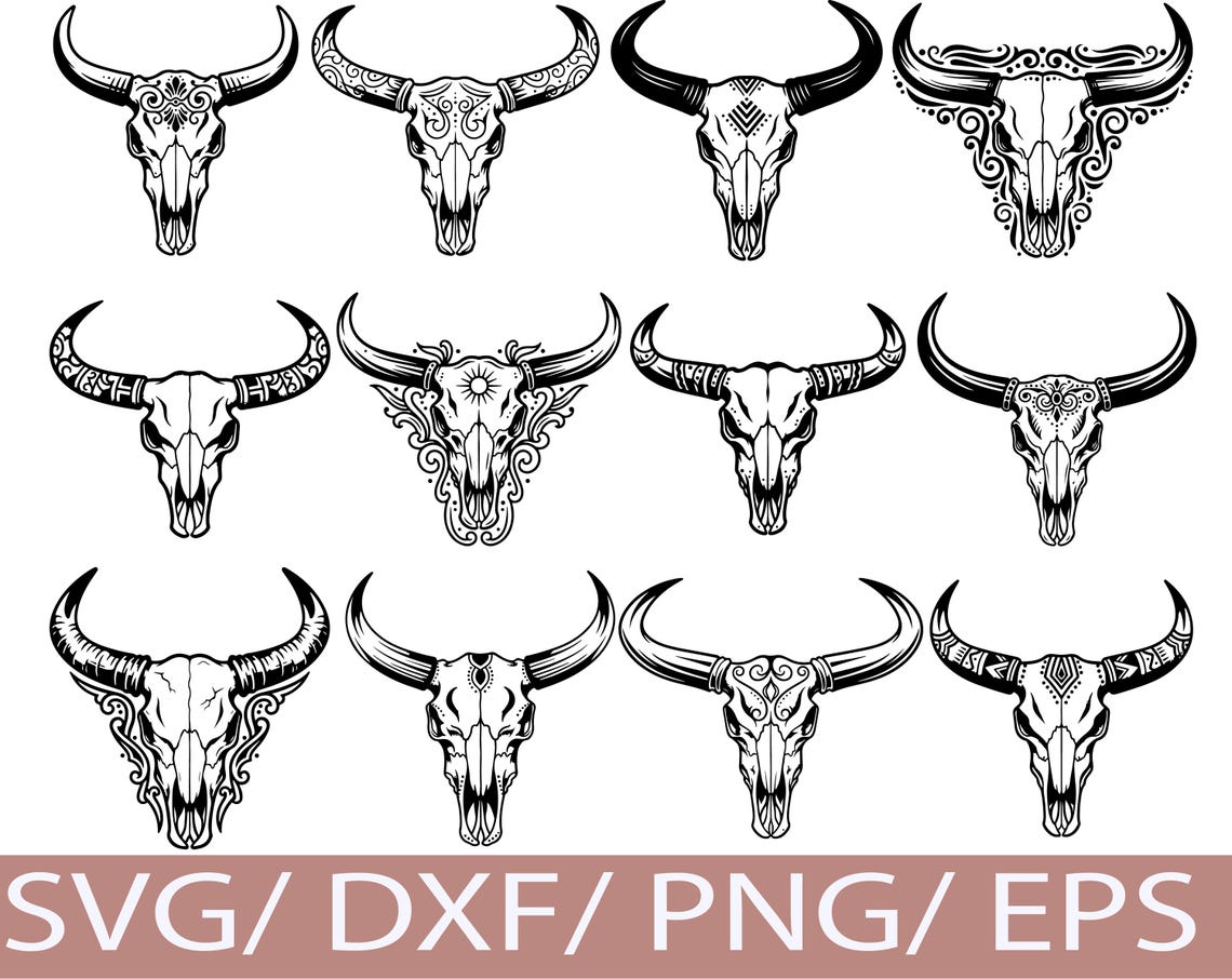 Bull Skull SVG Silhouette Bundle Longhorn Western Tribal Cow Head Art ...