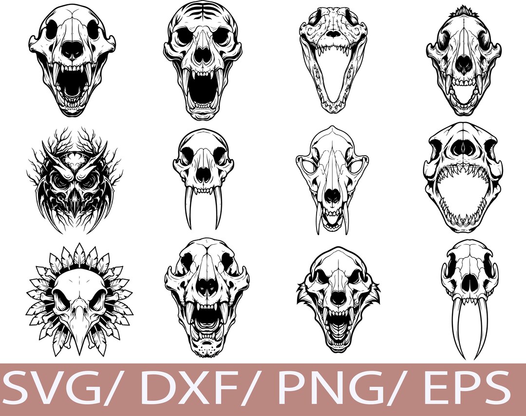 Predator Animal Skull SVG Silhouette Bundle Dark Tattoo Beast Head Art ...