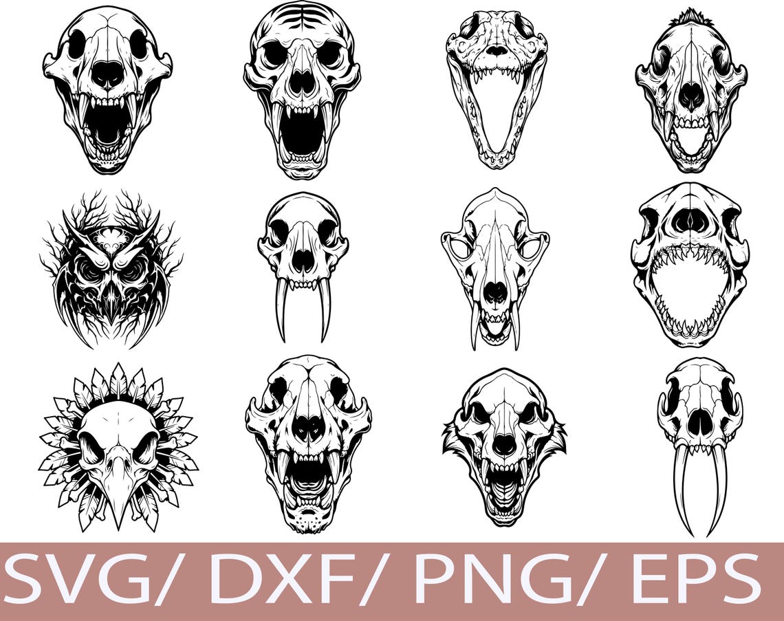 Predator Animal Skull SVG Silhouette Bundle Dark Tattoo Beast Head Art ...