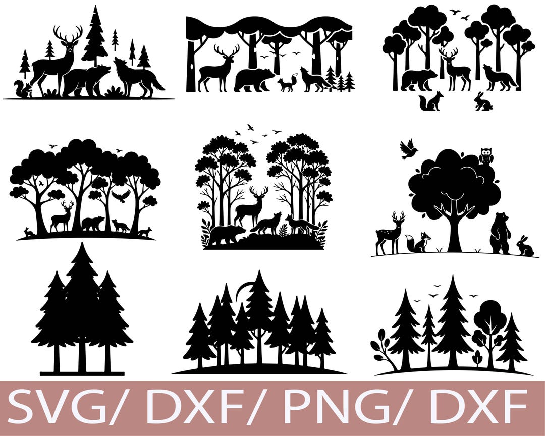 Forest Animals SVG Silhouette Bundle Woodland Wildlife Deer Bear Trees ...
