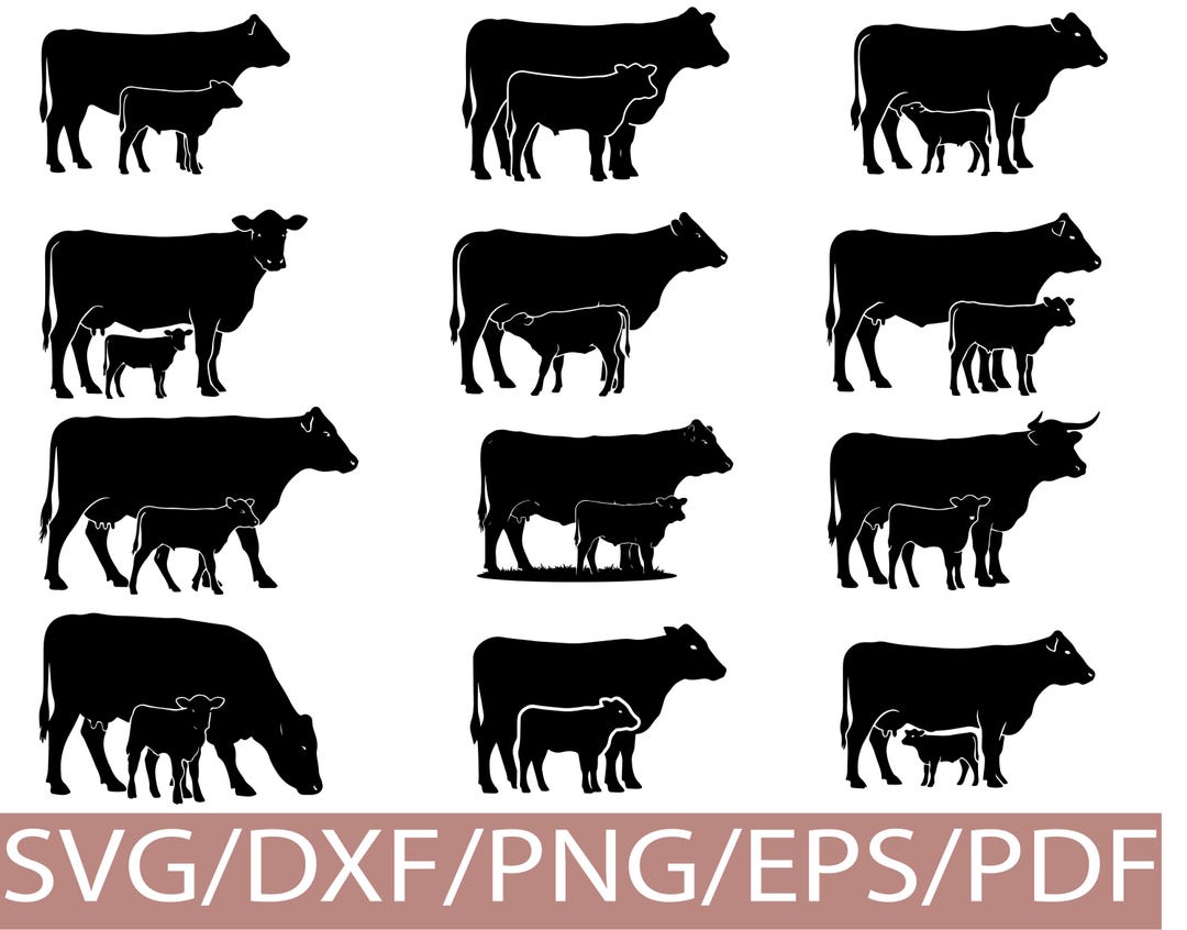 Cow and Calf SVG Silhouette Bundle, Farm Cattle Family Clipart Set - Etsy