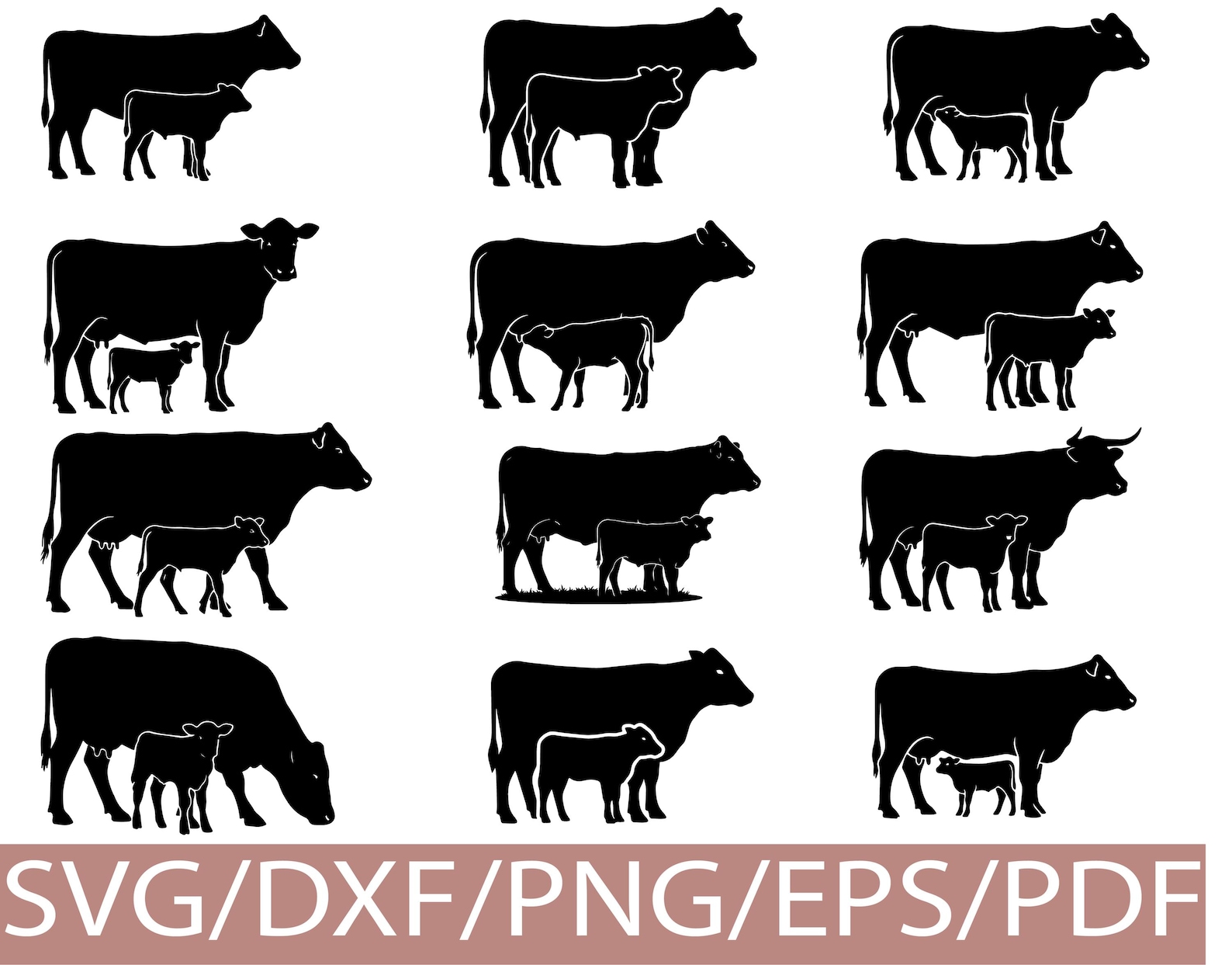 Paquete de siluetas SVG de vaca y ternero, conjunto de imágenes ...