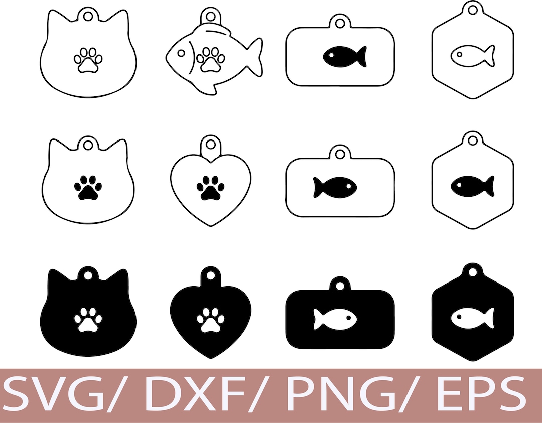 Cat ID Tag SVG Silhouette Set | Paw Print, Fish & Heart Pet Name Tag ...