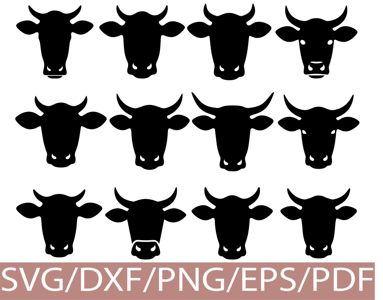 Cow Head SVG Silhouette Bundle Farm Animal Face Clipart Minimal Design ...