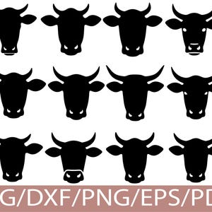 Cow Head SVG Silhouette Bundle Farm Animal Face Clipart Minimal Design ...