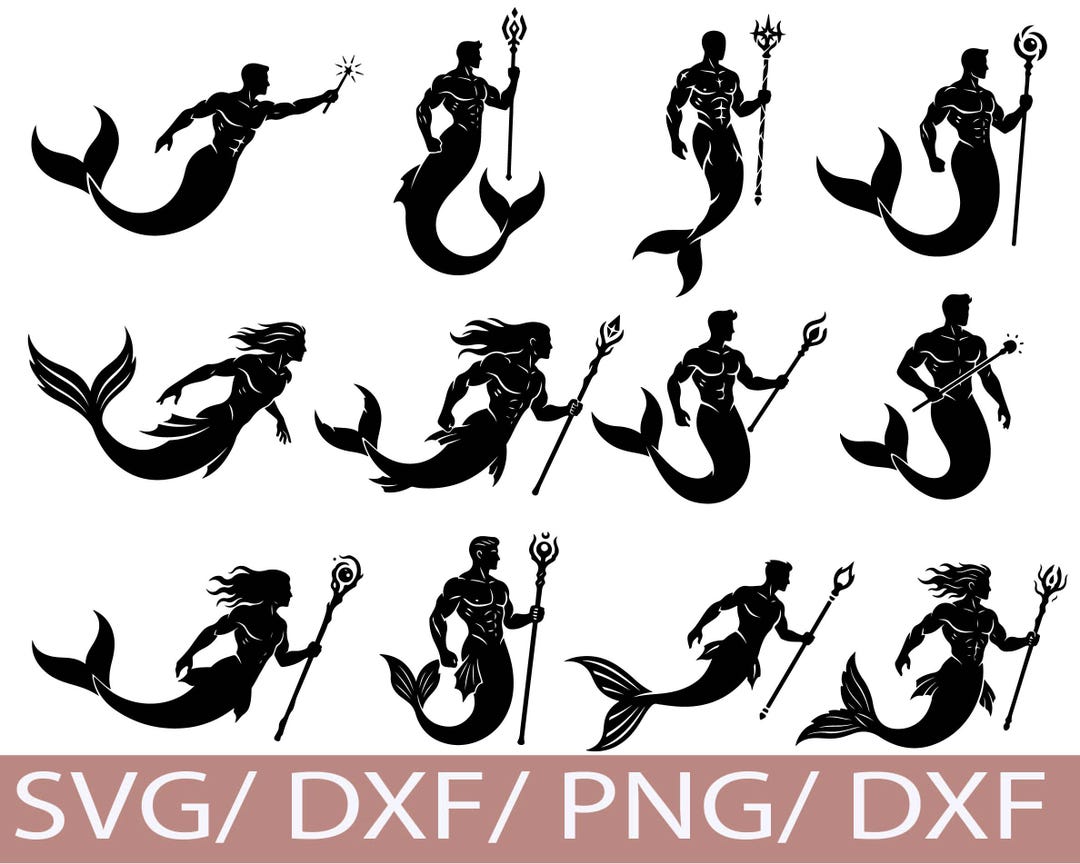 Merman SVG Silhouette Bundle | Mythical Sea Warrior Fantasy Clipart Set ...